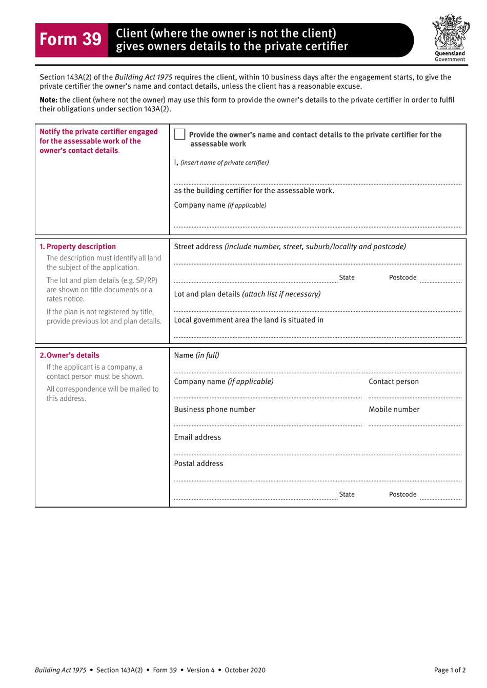 Form 39 - Fill Out, Sign Online and Download Fillable PDF, Queensland ...