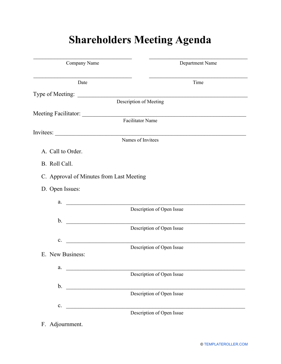 Shareholders Meeting Agenda Template Download Printable PDF Templateroller