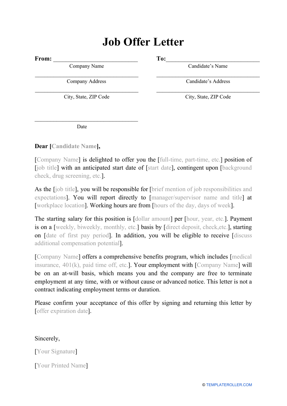 Hourly Job Offer Letter Template