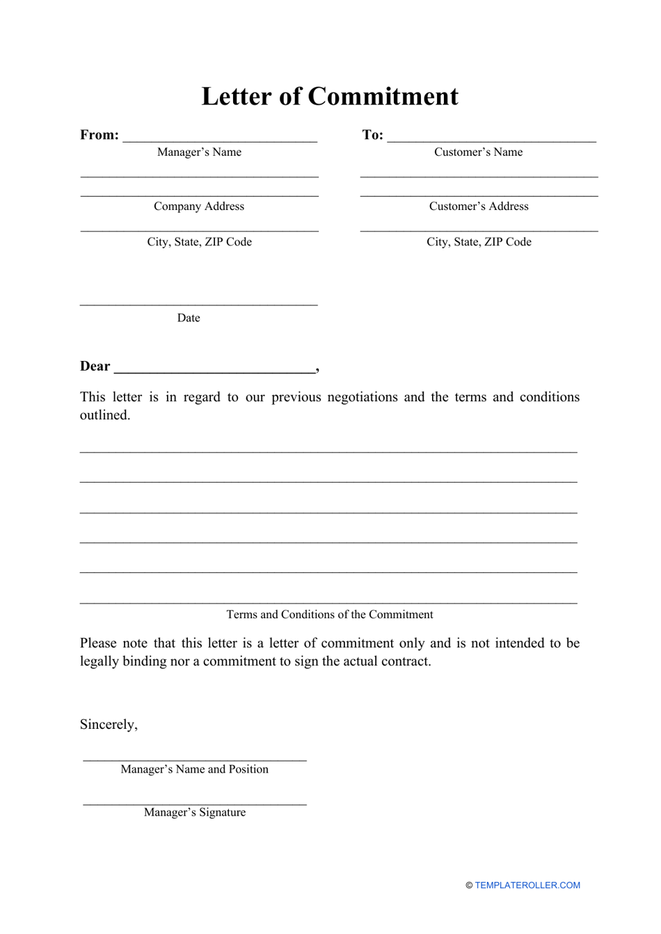 Letter Of Commitment Template Download Printable PDF Templateroller