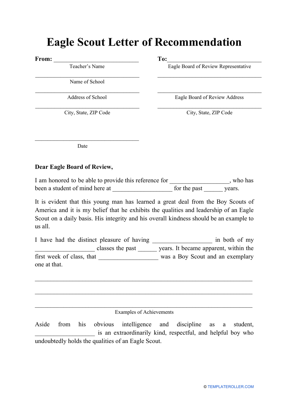 Eagle Scout Letter Of Recommendation Template Download Printable PDF