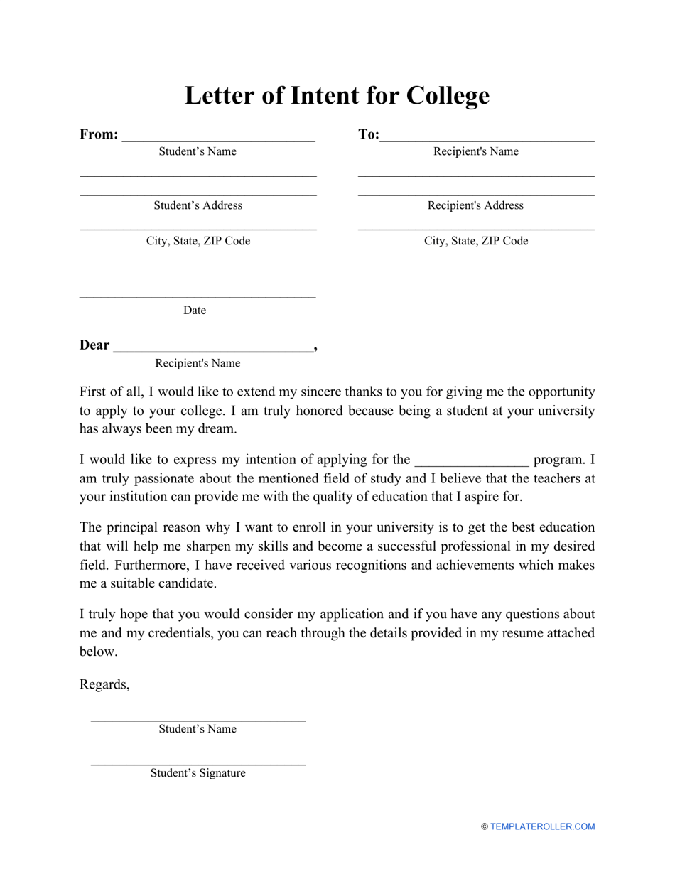 Letter Of Intent For College Template Download Printable PDF 