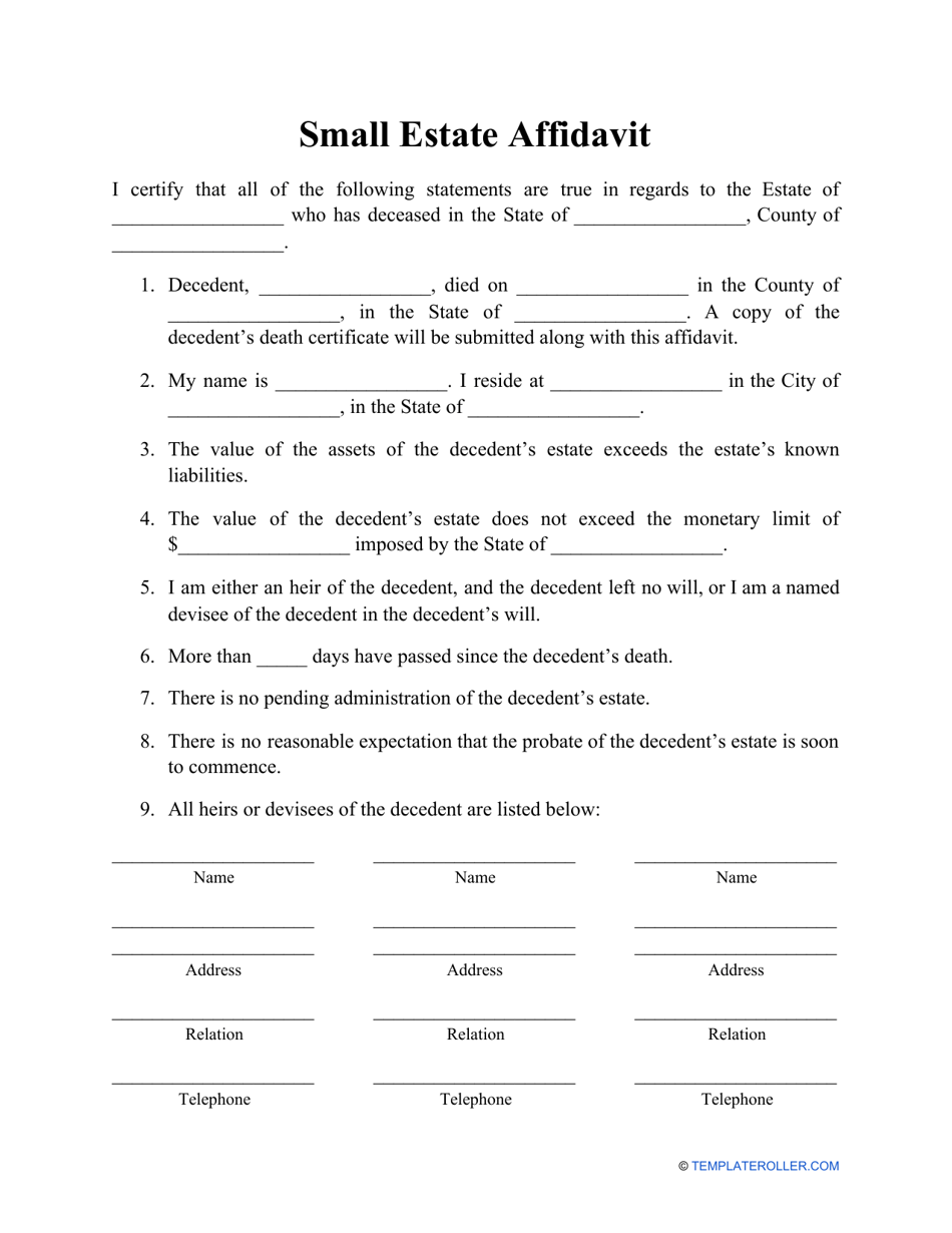 Affidavit of Small Estate Form - Fill Out, Sign Online and Download PDF ...
