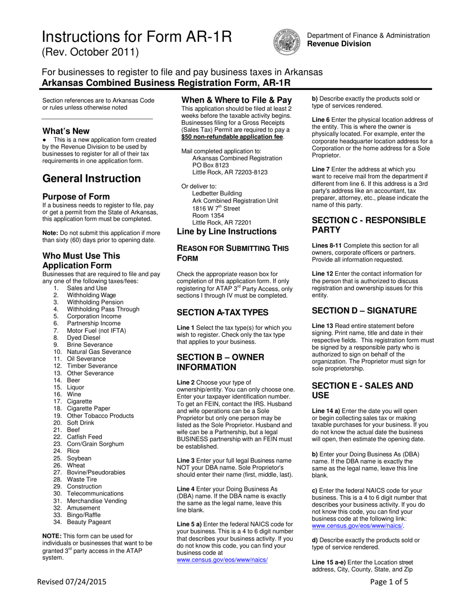 Download Instructions for Form AR-1R Combined Business Tax Registration ...