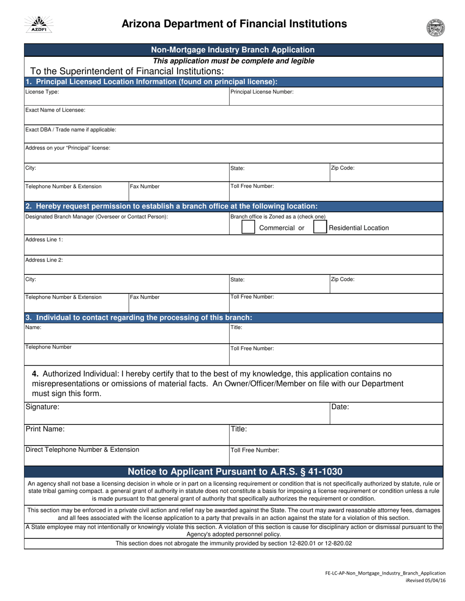Arizona Non-mortgage Industry Branch Application - Fill Out, Sign ...