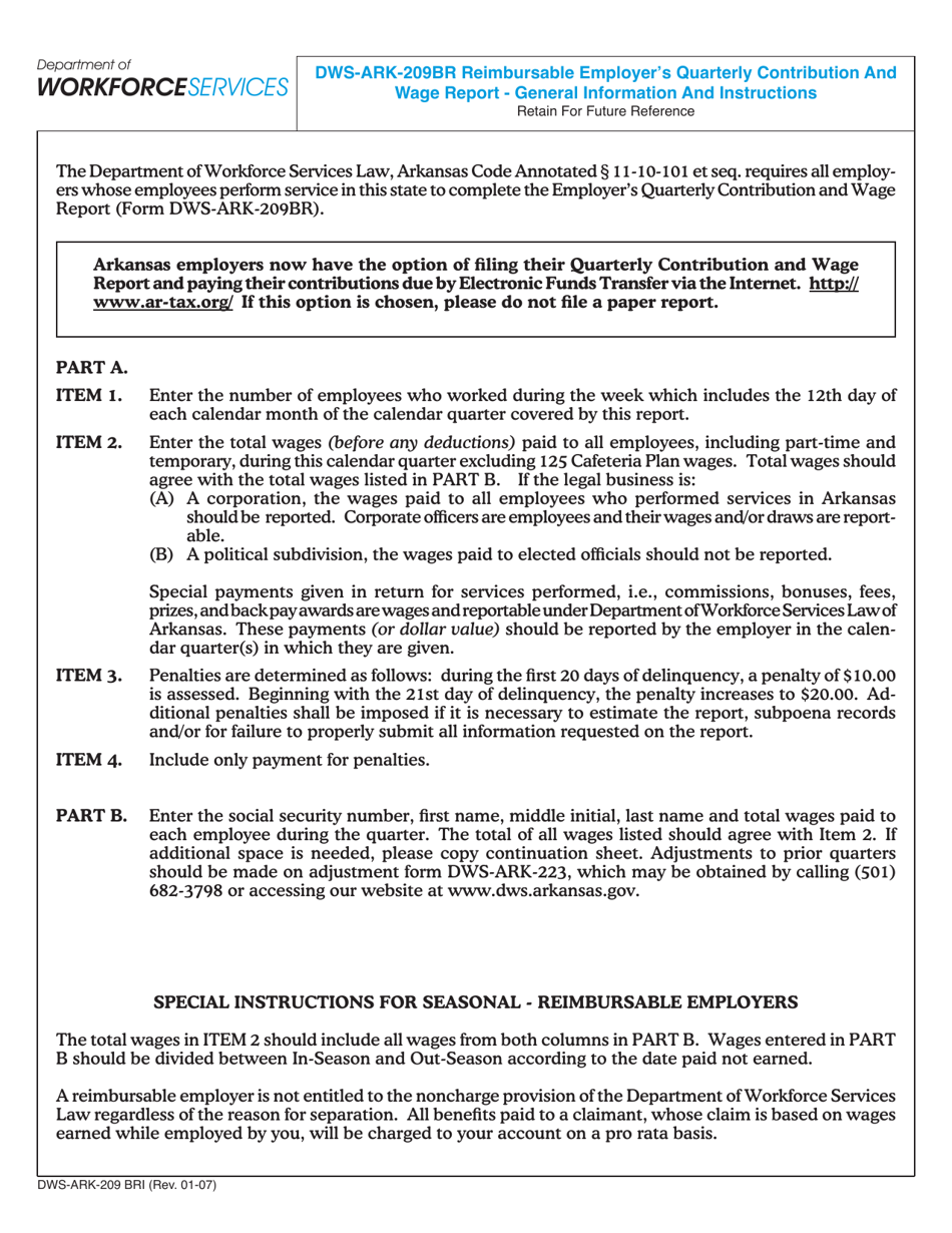 Download Instructions for Form DWS-ARK-209BR Employer's Quarterly ...