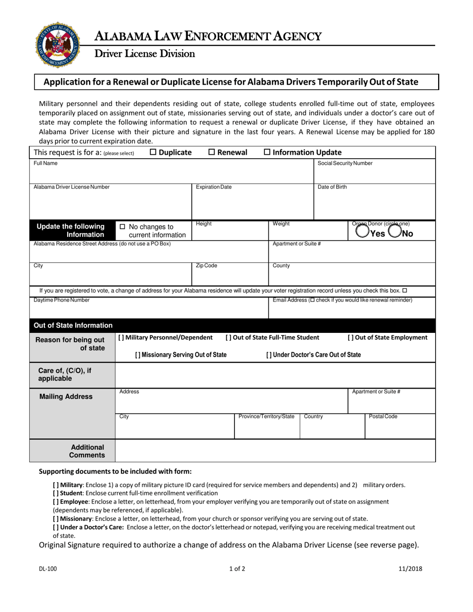 Form DL-100 - Fill Out, Sign Online and Download Printable PDF, Alabama ...
