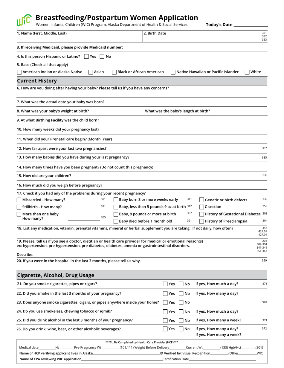 Alaska Breastfeeding/Postpartum Women Application - Fill Out, Sign ...