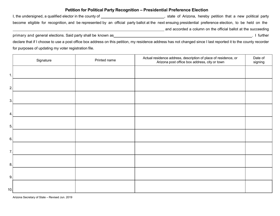 Arizona Petition for Political Party Recognition - Presidential ...