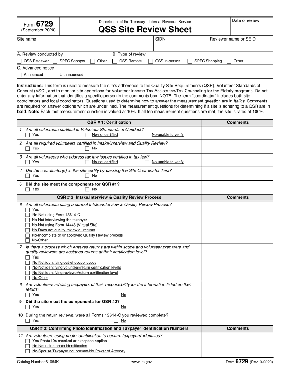 IRS Form 6729 Download Fillable PDF or Fill Online Qss Site Review ...