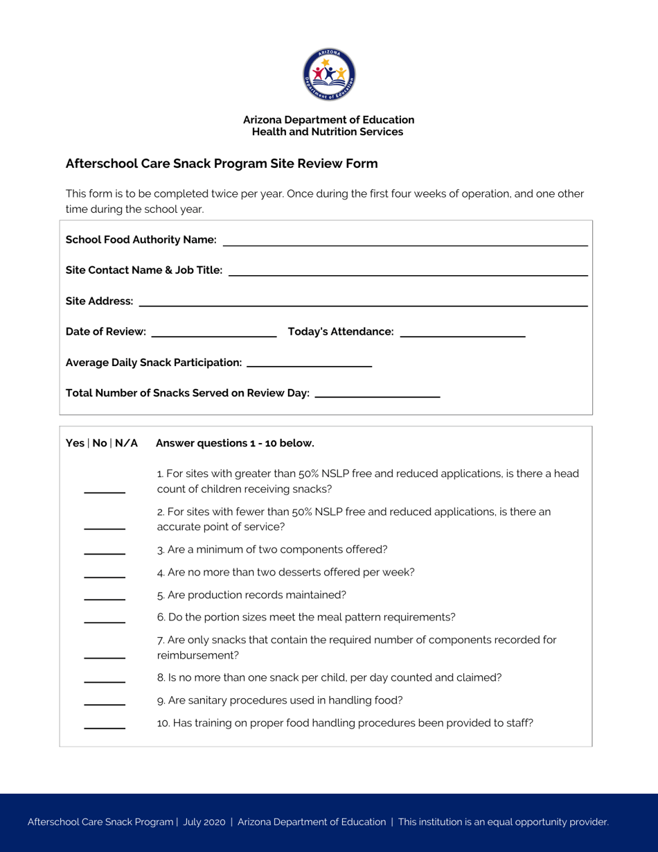 Arizona Afterschool Care Snack Program Site Review Form - Fill Out ...