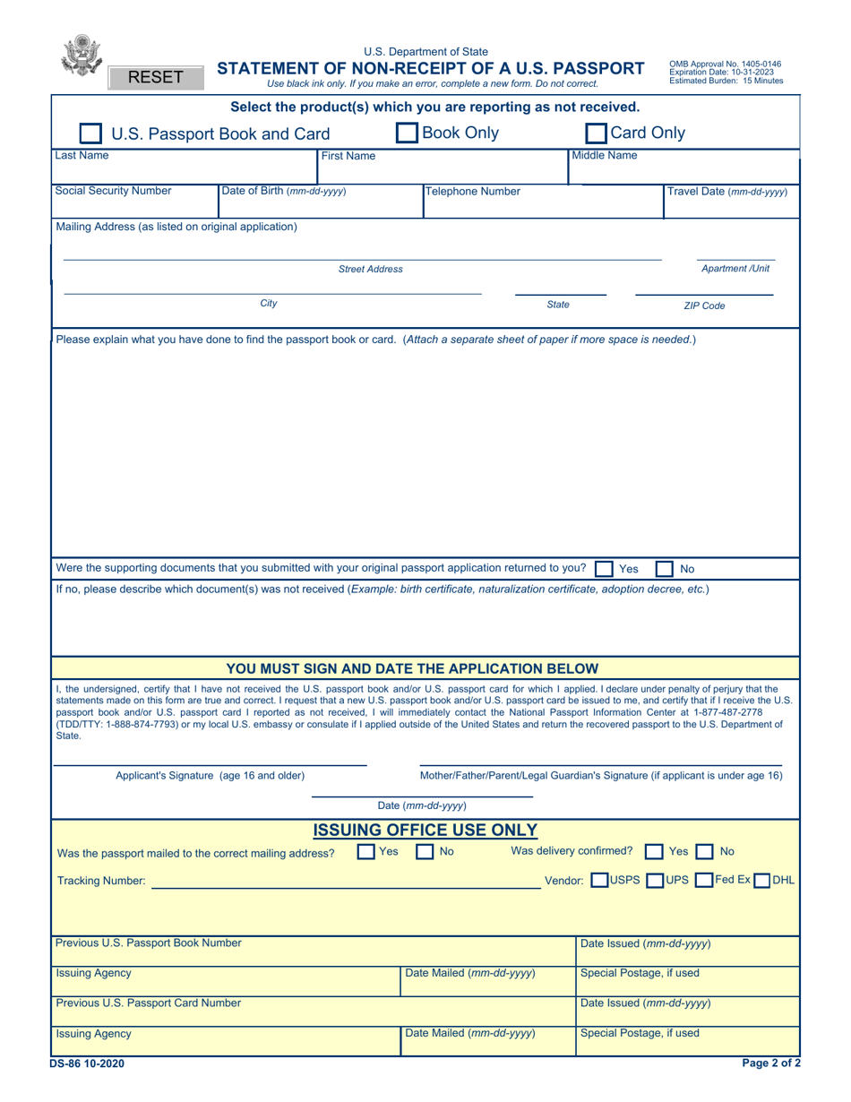 Form DS-86 Download Fillable PDF or Fill Online Statement of Non ...