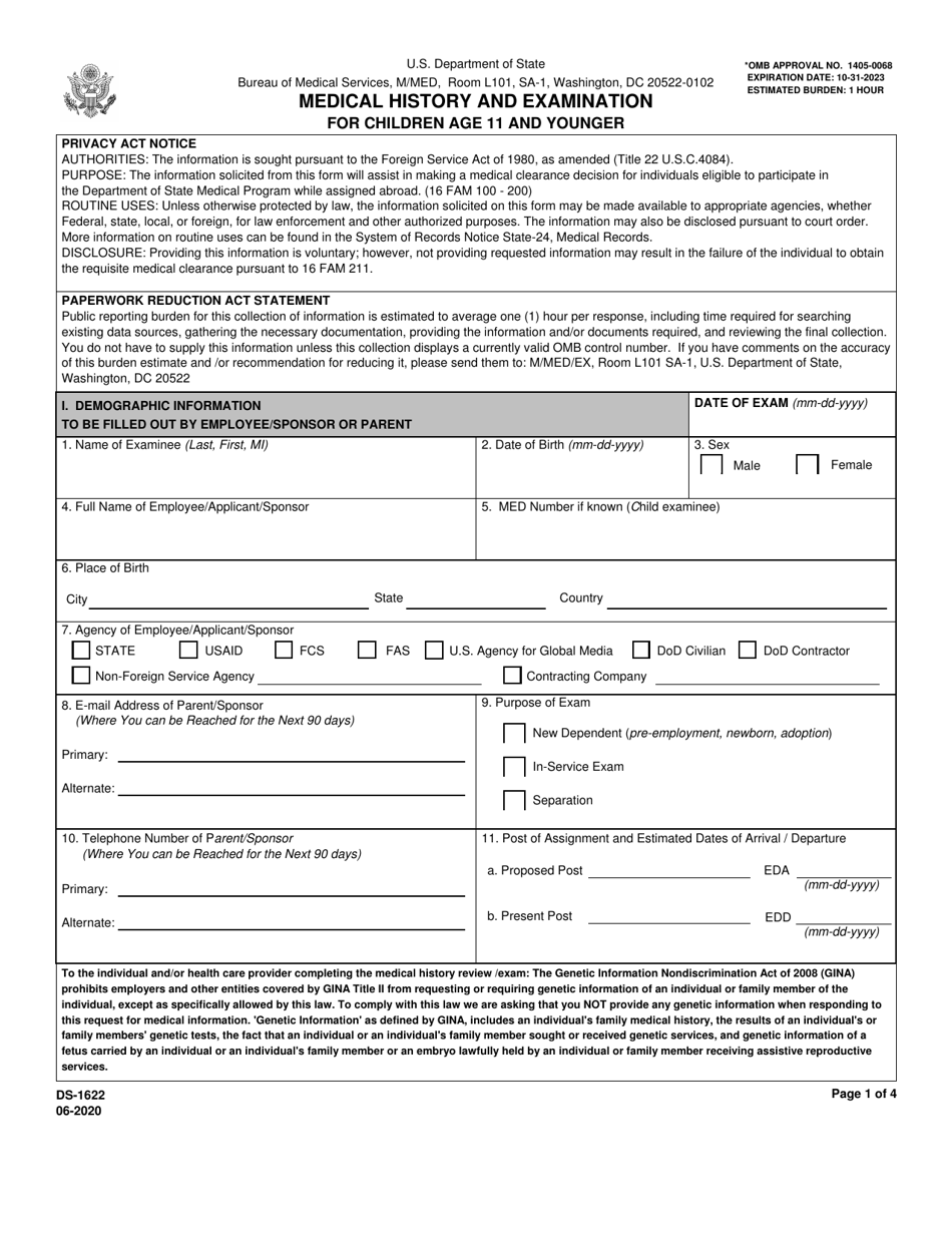 Form DS-1622 Download Fillable PDF or Fill Online Medical History and ...