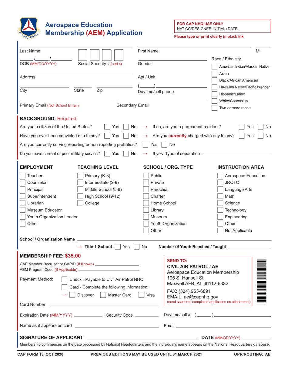 CAP Form 13 Download Fillable PDF or Fill Online Aerospace Education ...