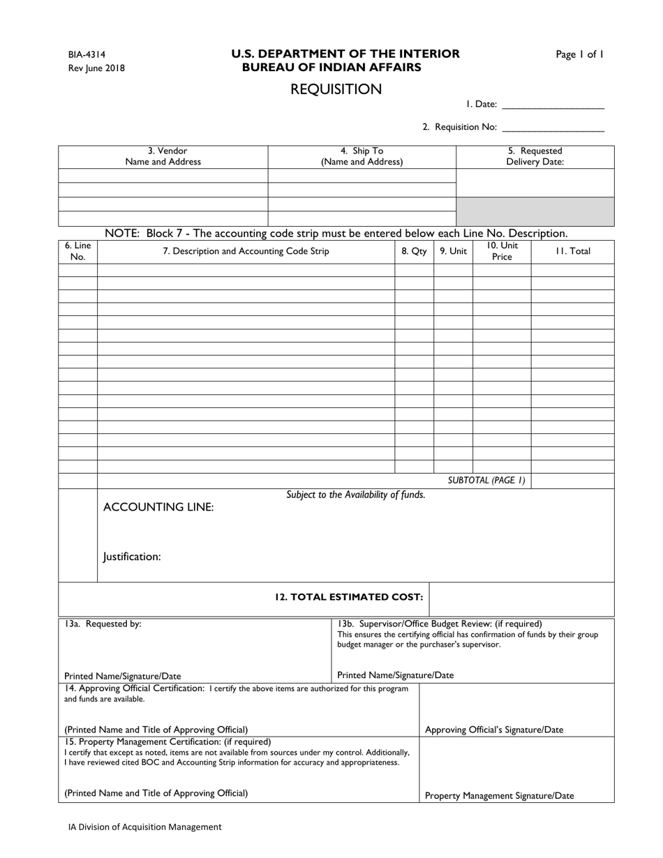 Form BIA-4314 - Fill Out, Sign Online and Download Fillable PDF ...