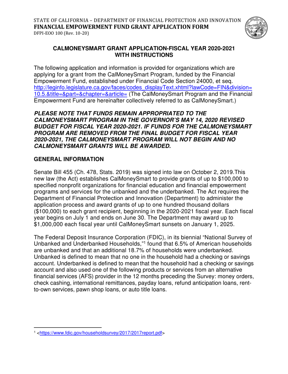 Form DFPI-EEO100 - 2021 - Fill Out, Sign Online and Download Fillable ...