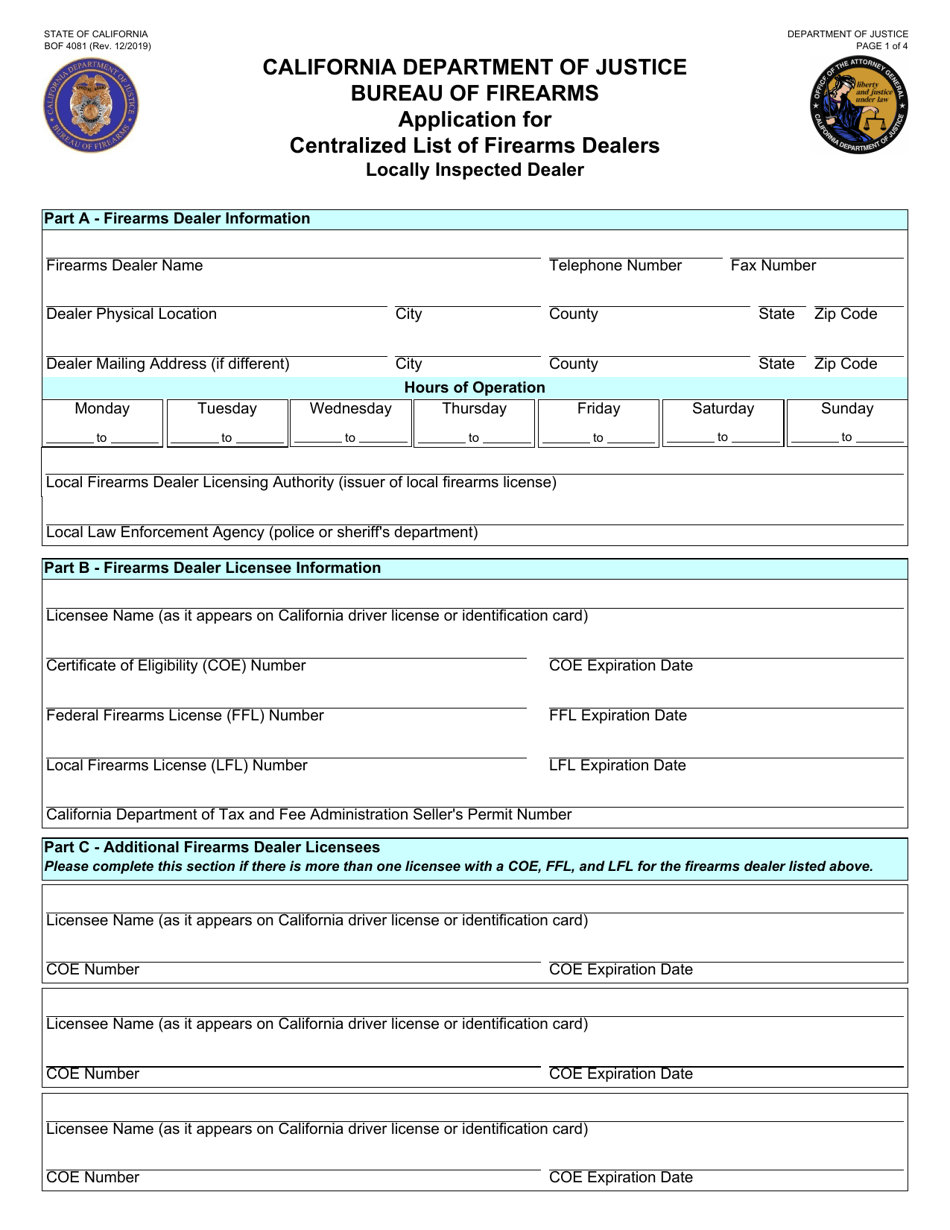 Form BOF4081 Download Fillable PDF or Fill Online Application for Centralized List of Firearms ...