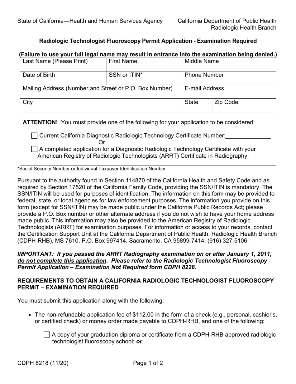 Form CDPH8218 Download Fillable PDF or Fill Online Radiologic ...