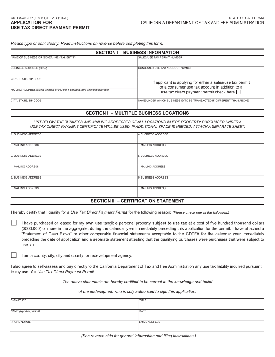Form CDTFA-400-DP Download Fillable PDF or Fill Online Application for ...