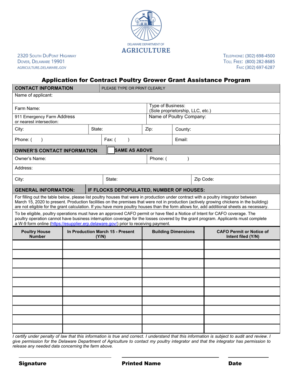Delaware Application for Contract Poultry Grower Grant Assistance ...