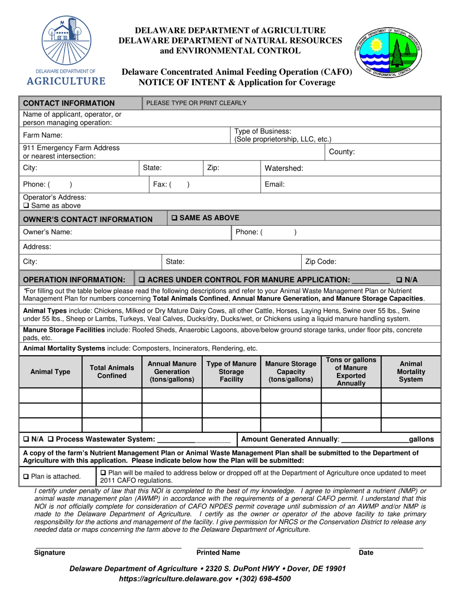 Delaware Cafo Notice of Intent & Application for Coverage Download ...