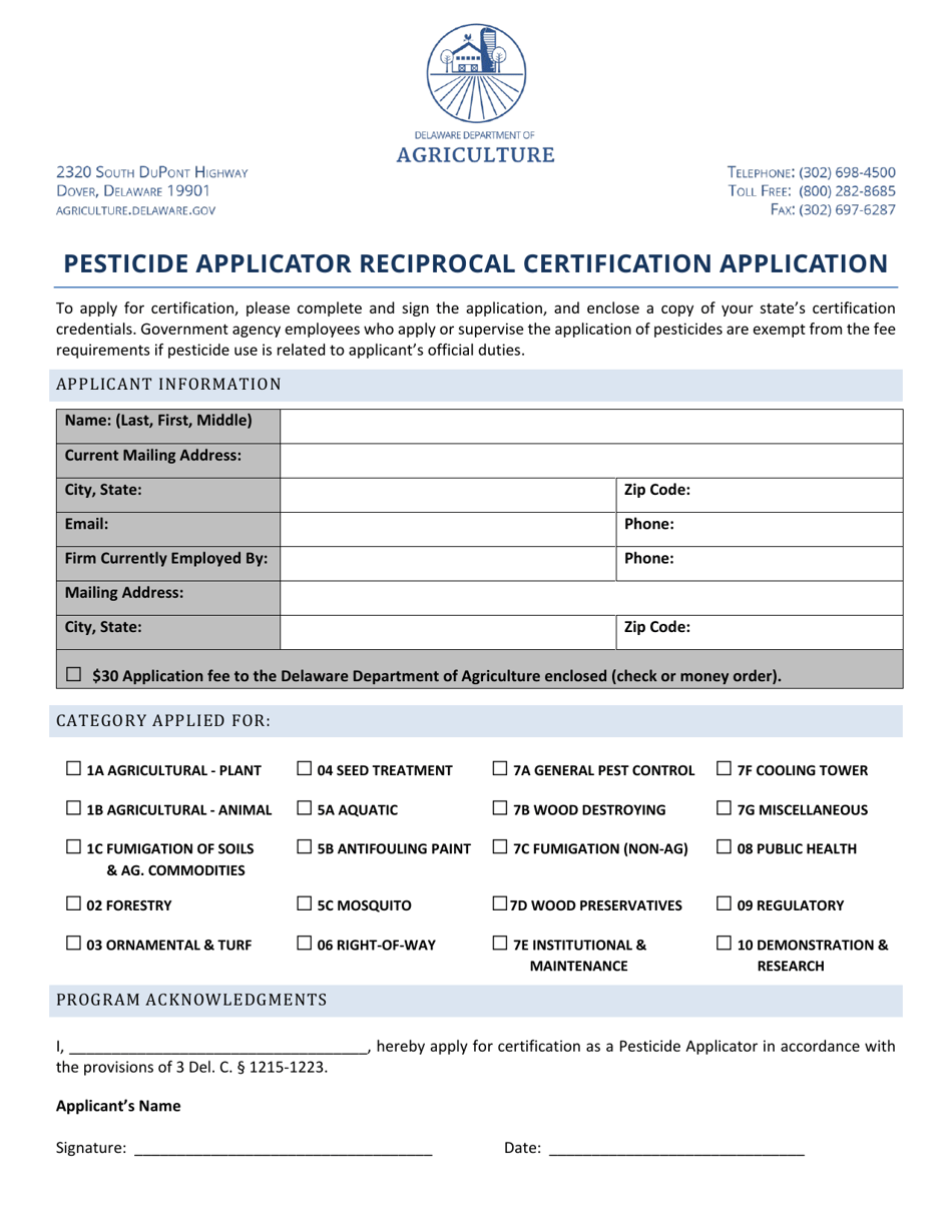 Delaware Pesticide Applicator Reciprocal Certification Application ... Delaware Pesticide Applicator Reciprocal Certification Application ...