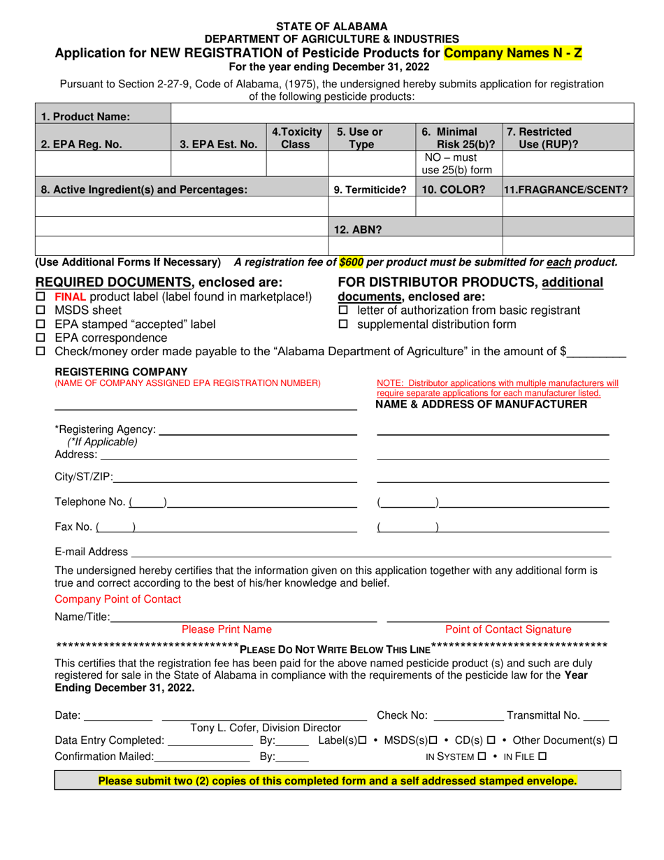 2022 Alabama Application for New Registration of Pesticide Products for ...