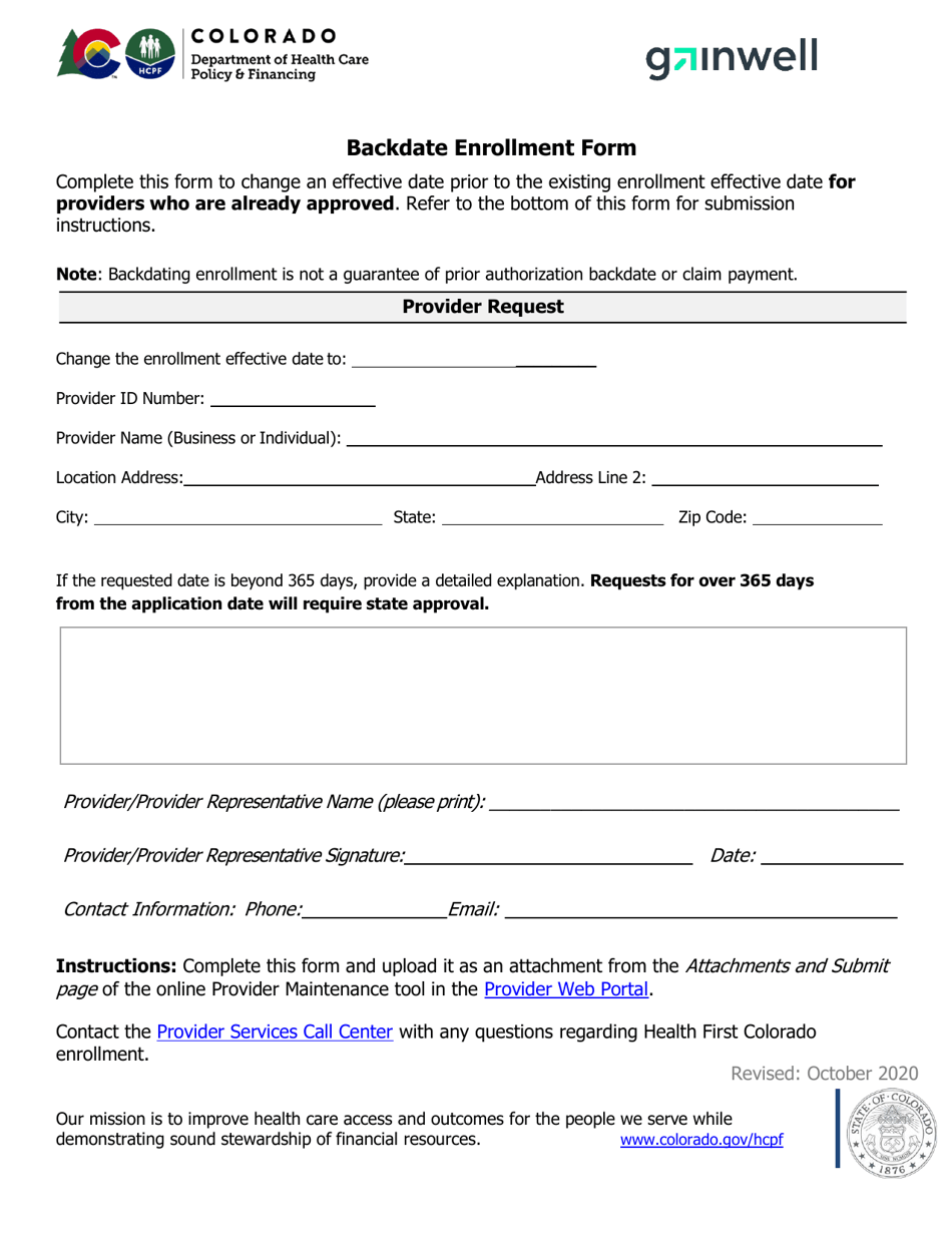 Colorado Backdate Enrollment Form - Fill Out, Sign Online and Download ...