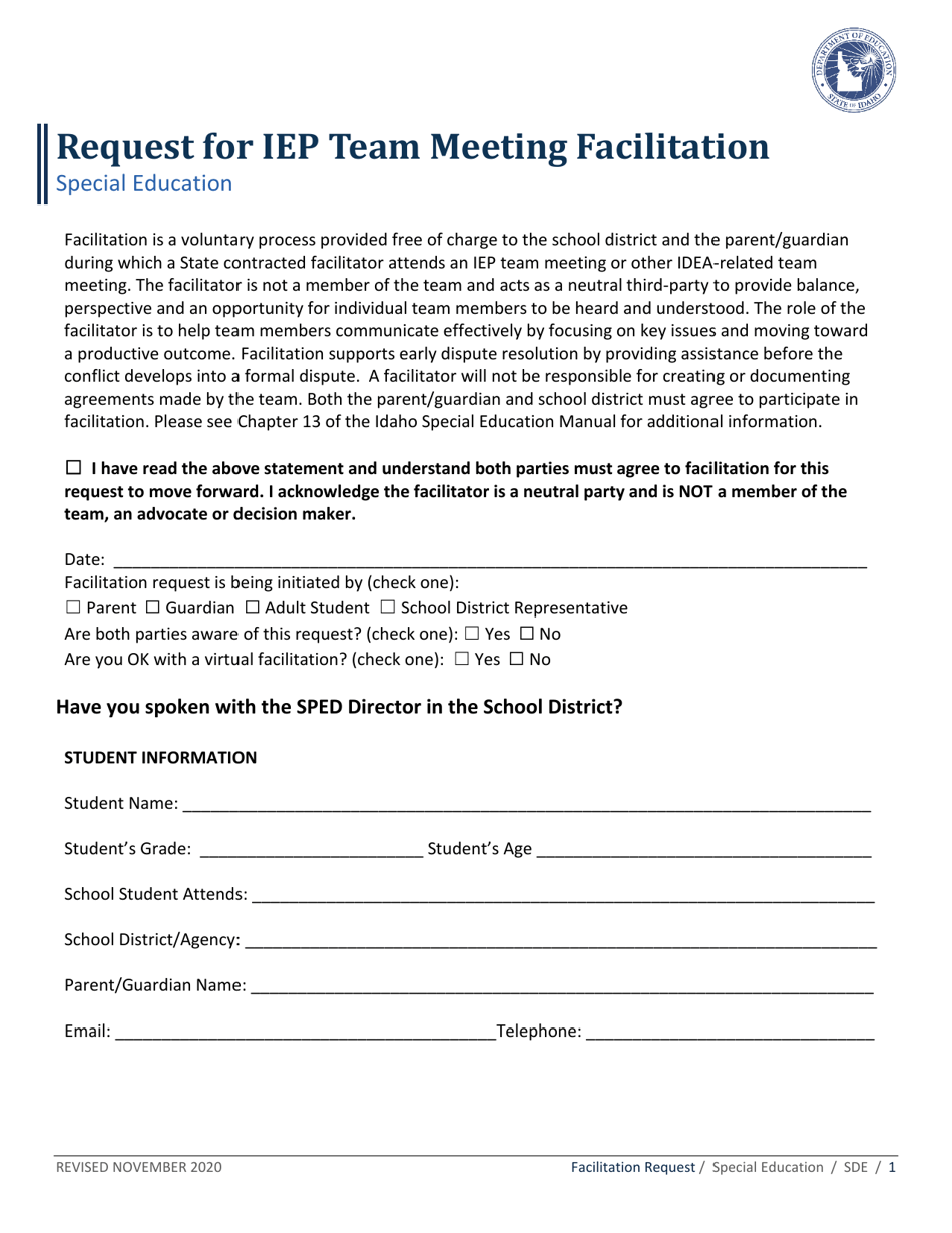 Idaho Request for Iep Team Meeting Facilitation Download Printable PDF ...