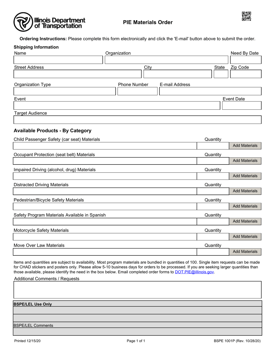 Form BSPE1001P Download Fillable PDF or Fill Online Pie Materials Order ...
