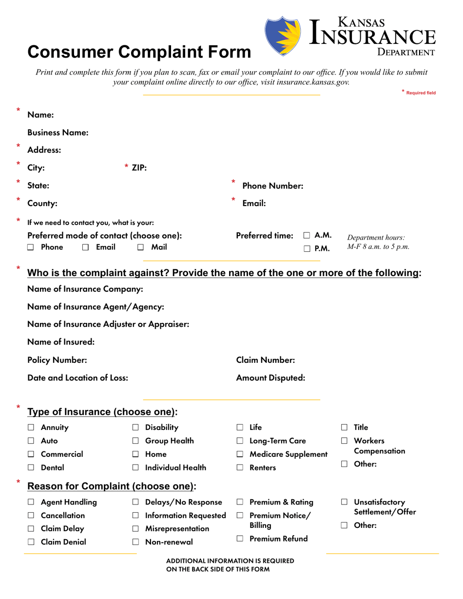 Kansas Consumer Complaint Form - Fill Out, Sign Online and Download PDF ...