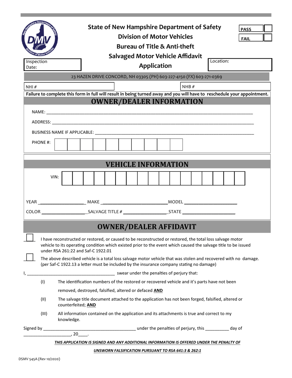 Form DSMV545A Download Fillable PDF or Fill Online Salvaged Motor ...