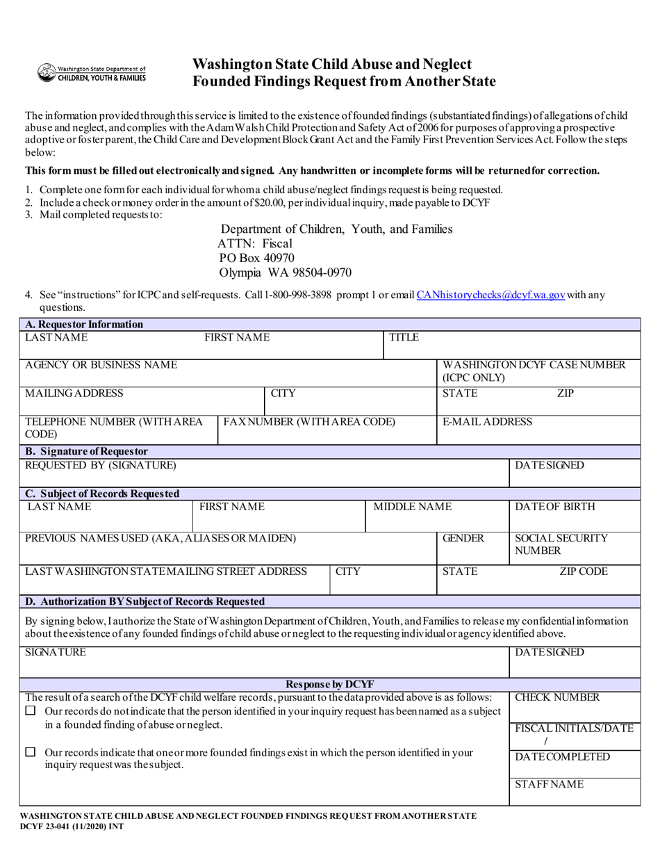 DCYF Form 23-041 Download Fillable PDF or Fill Online Washington State ...