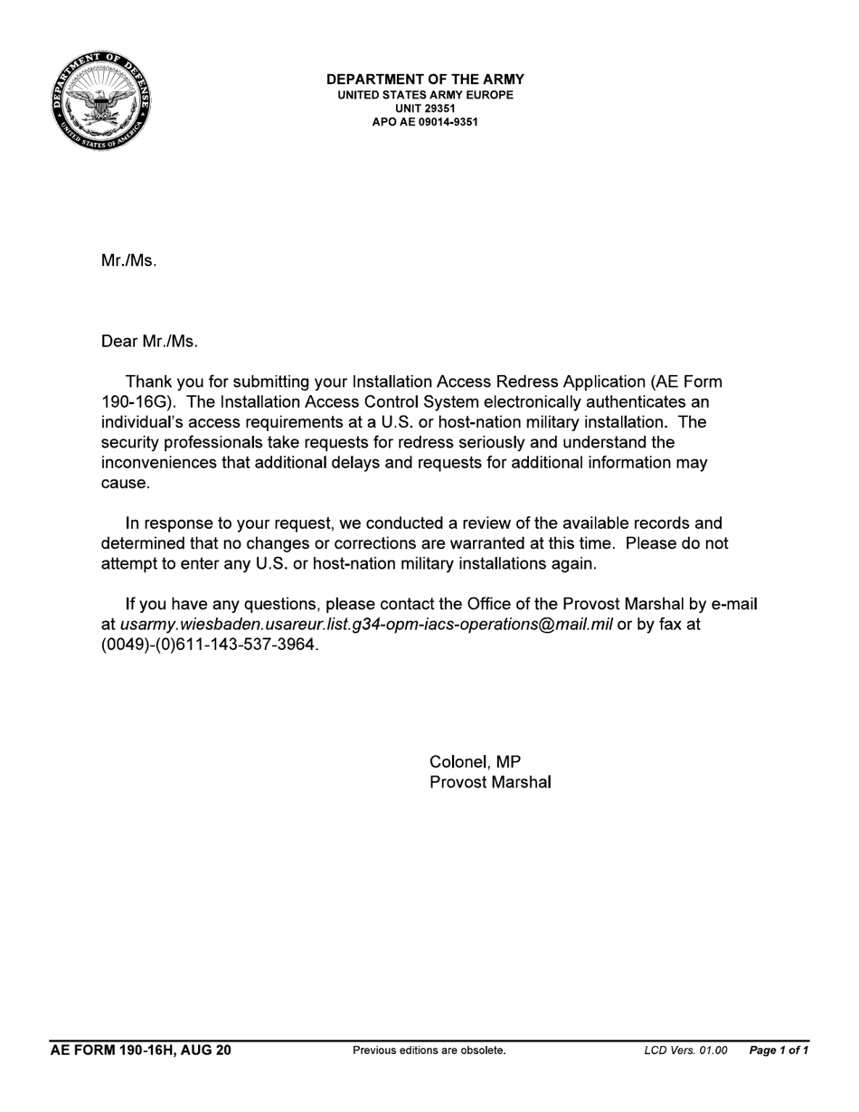 AE Form 190-16H Download Fillable PDF or Fill Online Installation ...