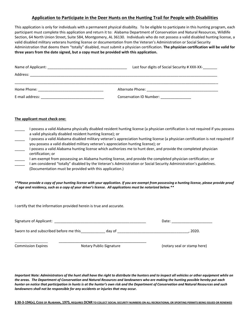 Alabama Application to Participate in the Deer Hunts on the Hunting ...