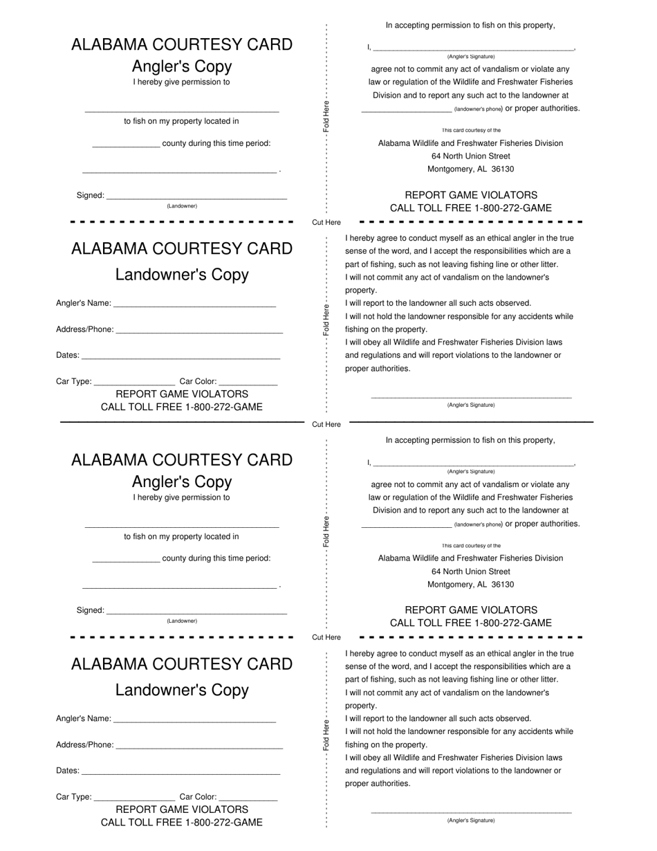 Alabama Fishing Courtesy Card - Fill Out, Sign Online and Download PDF ...