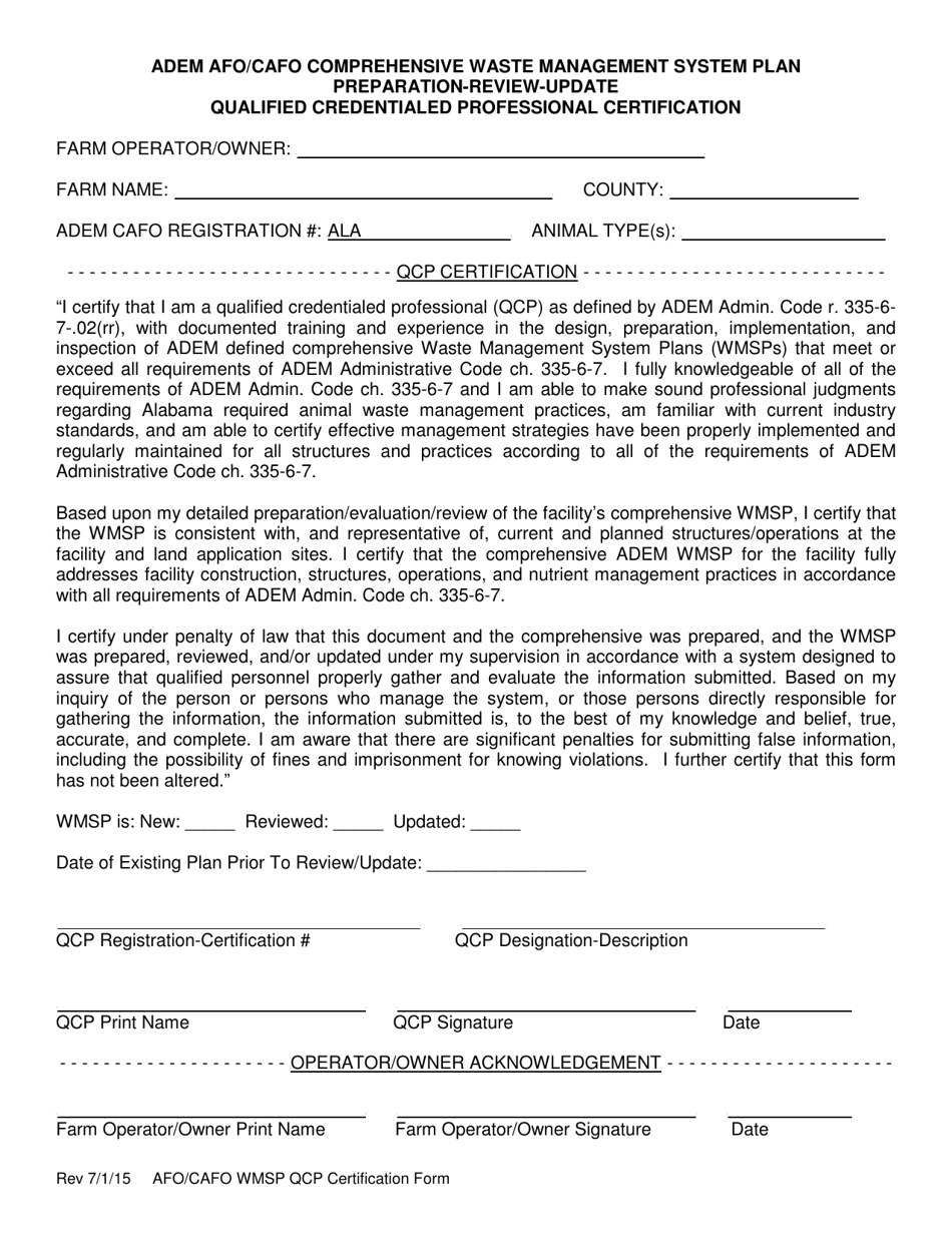 Alabama ADEM Afo/Cafo Comprehensive Waste Management System Plan ...