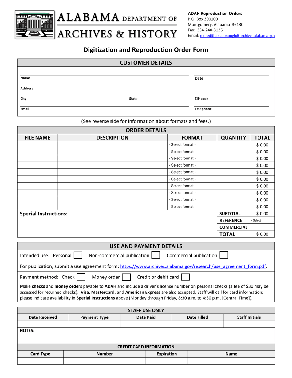Alabama Digitization and Reproduction Order Form - Fill Out, Sign ...