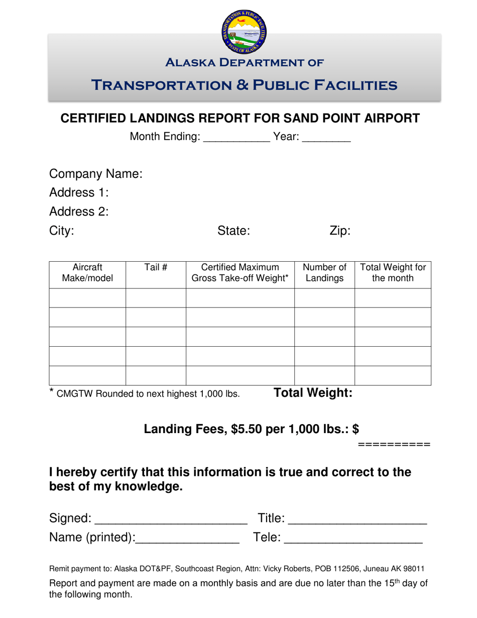 Alaska Certified Landings Report for Sand Point Airport - Fill Out ...