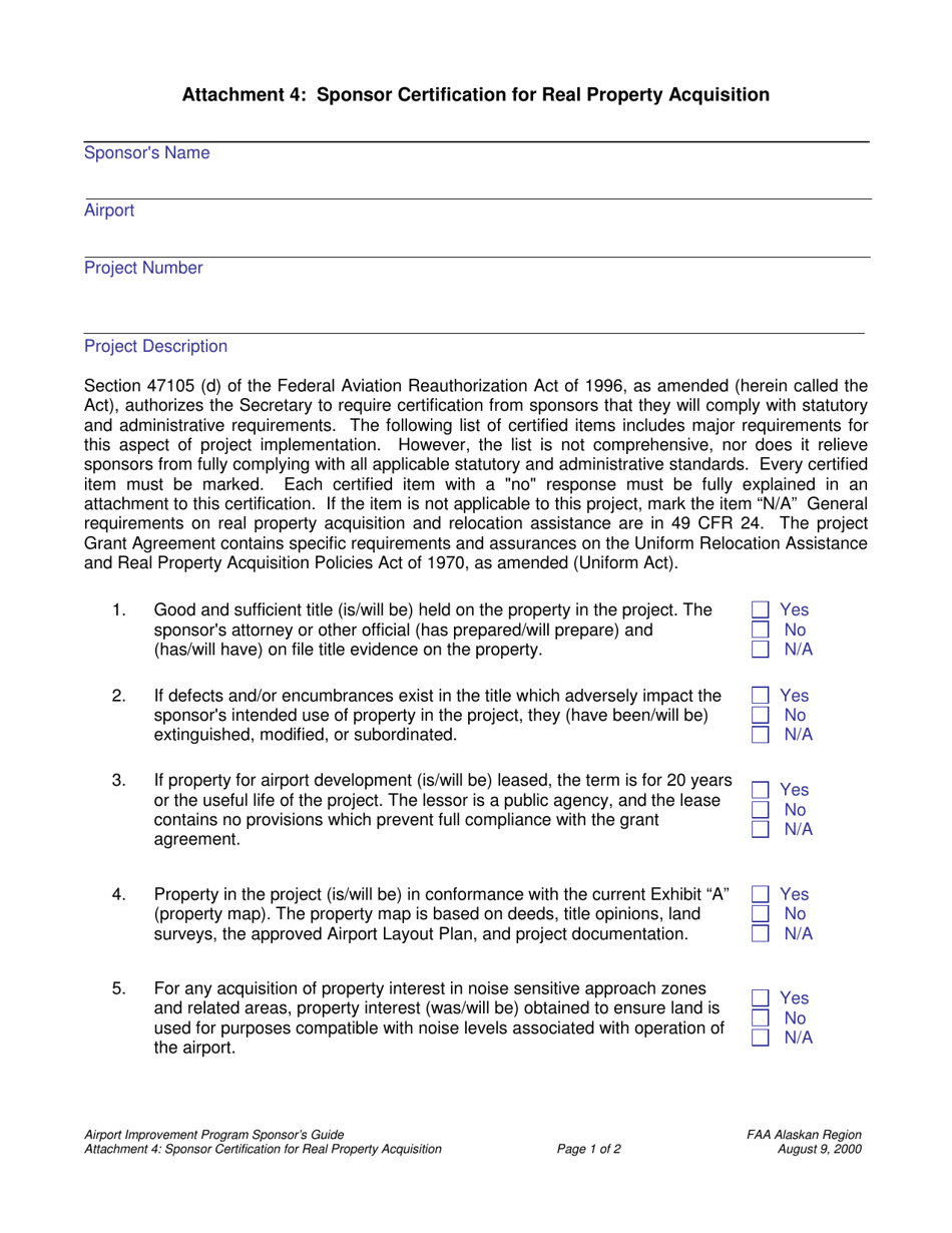 Alaska Sponsor Certification for Real Property Acquisition - Fill Out ...
