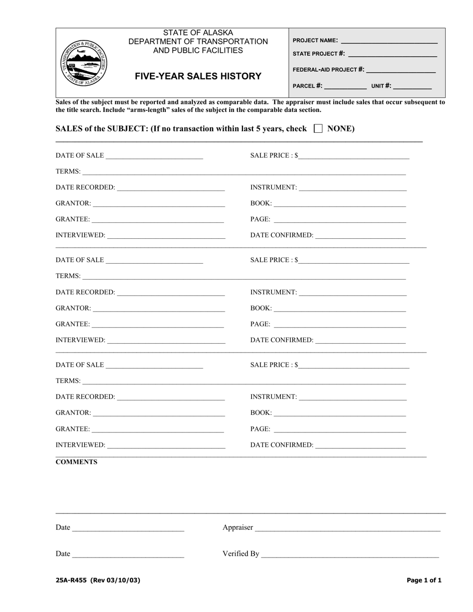 Form 25A-R455 Download Printable PDF or Fill Online Five-Year Sales ...