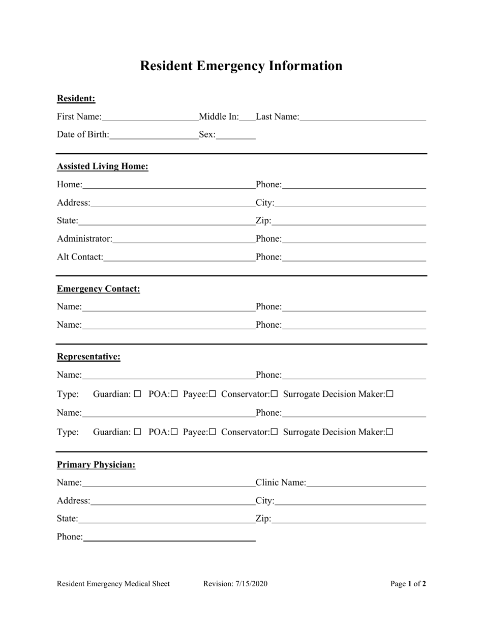 Alaska Resident Emergency Medical Sheet - Fill Out, Sign Online and ...