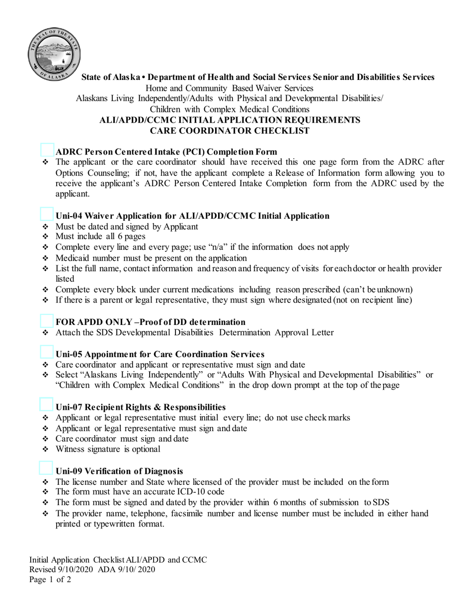 Alaska Ali/Apdd/Ccmc Initial Application Requirements Care Coordinator ...