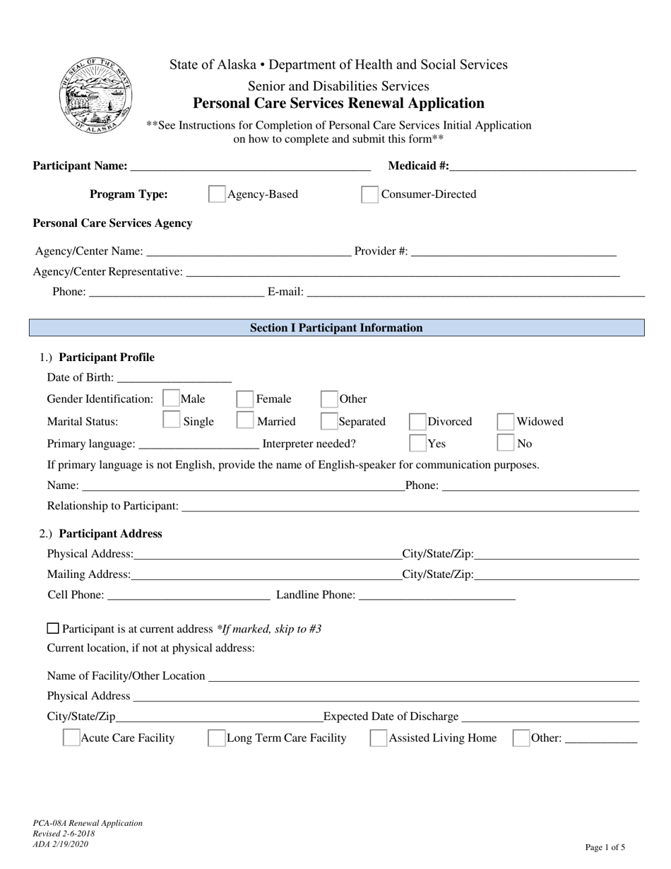 Form PCA-08A - Fill Out, Sign Online and Download Fillable PDF, Alaska ...