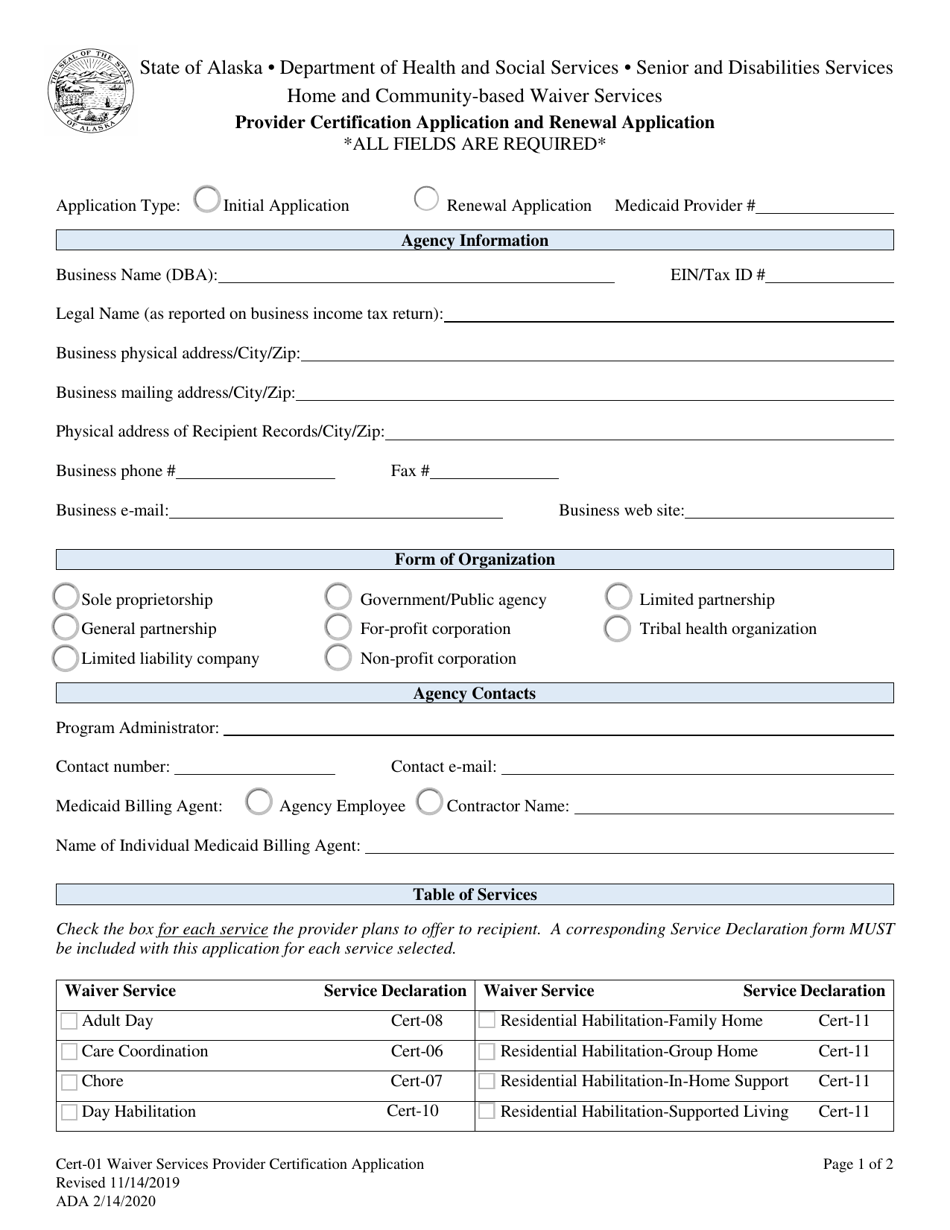 Form CERT-01 - Fill Out, Sign Online and Download Fillable PDF, Alaska ...