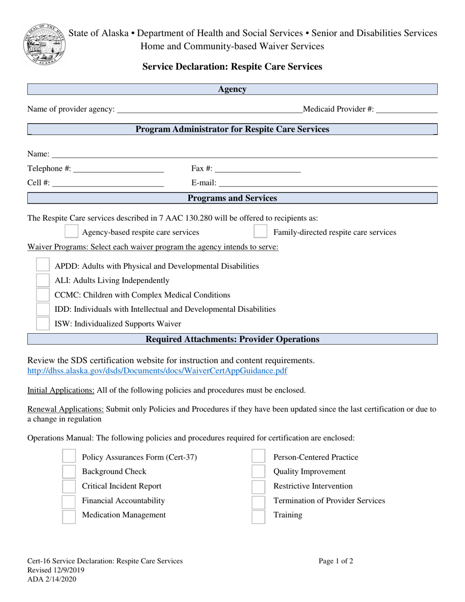 Form CERT-16 - Fill Out, Sign Online and Download Fillable PDF, Alaska ...