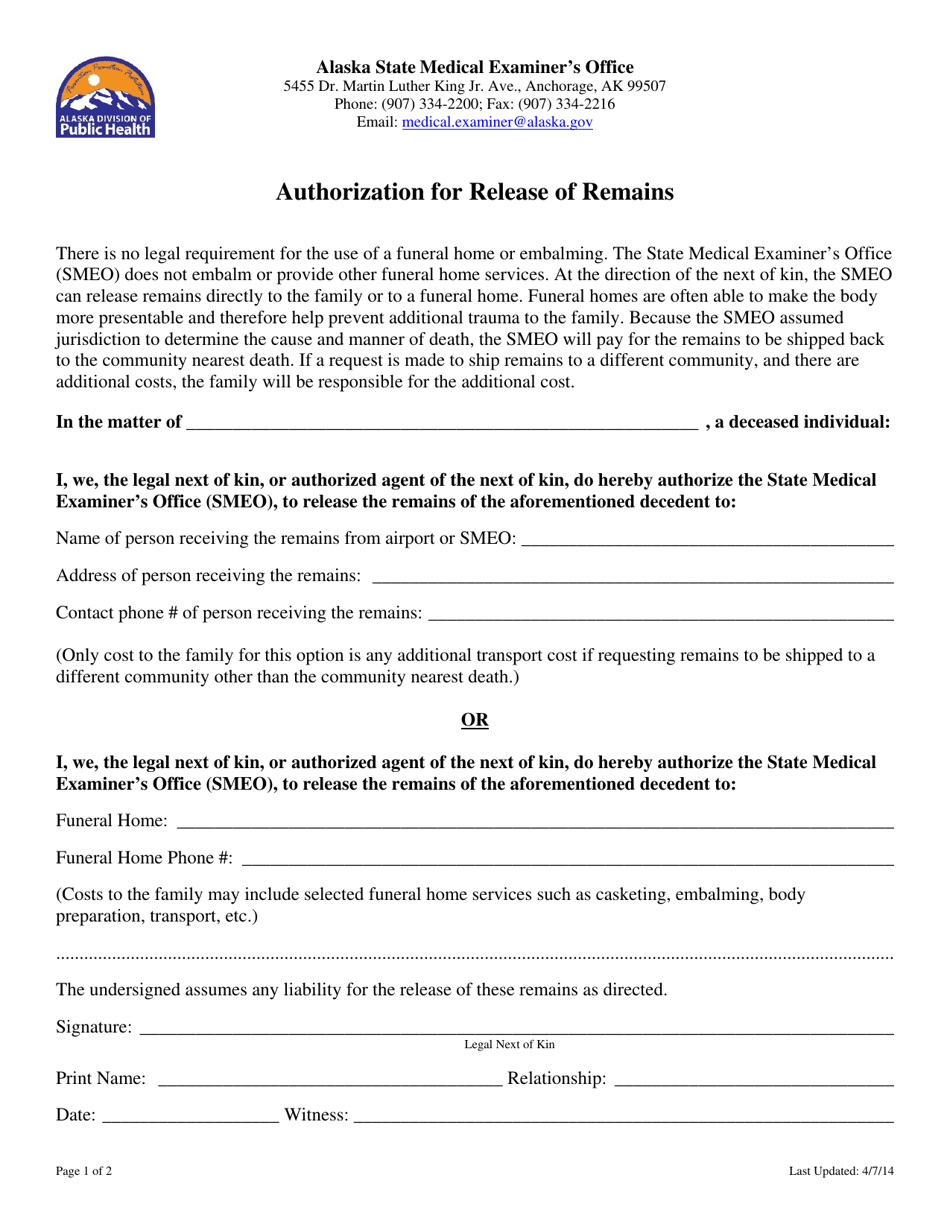 Alaska Authorization for Release of Remains - Fill Out, Sign Online and ...