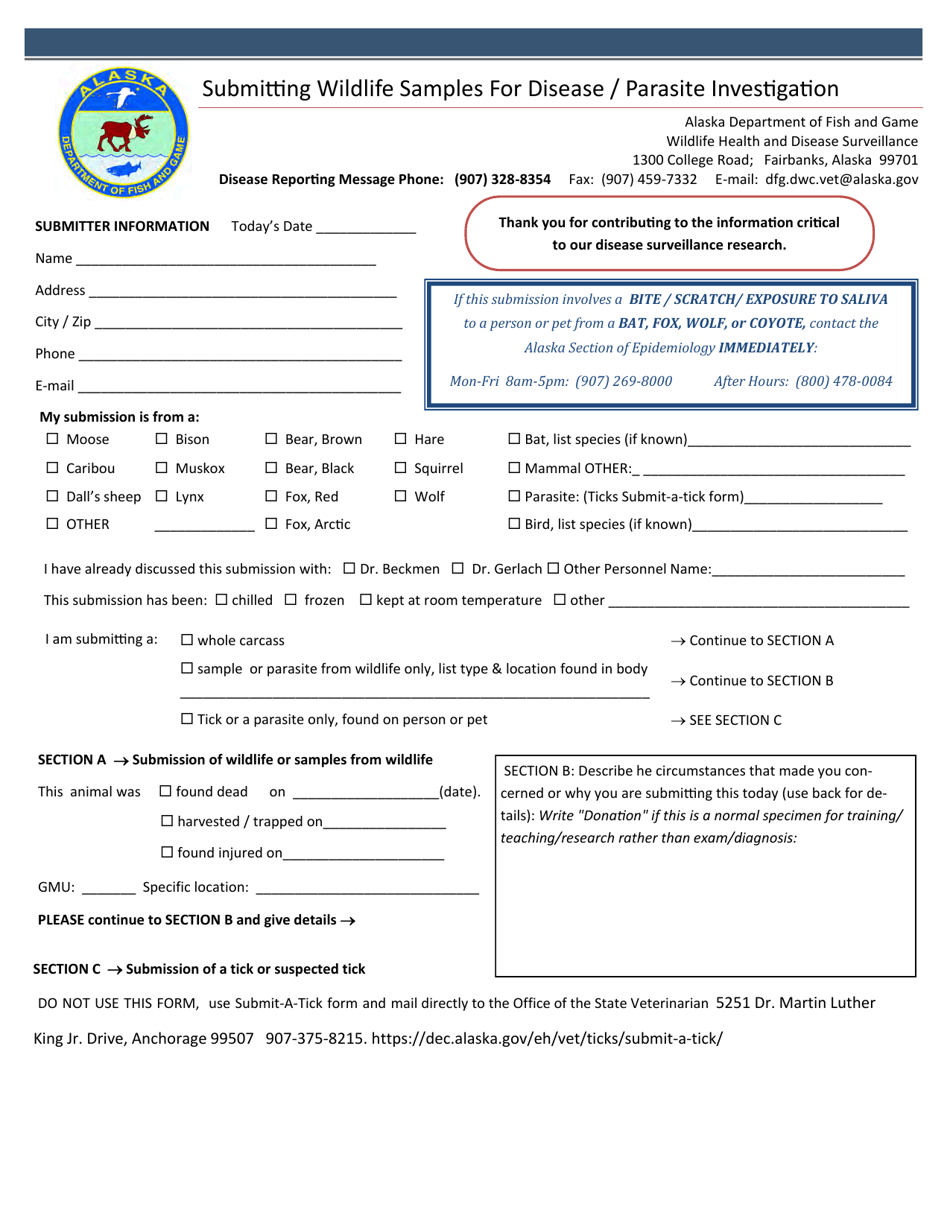 Alaska Submitting Wildlife Samples for Disease/Parasite Investigation ...