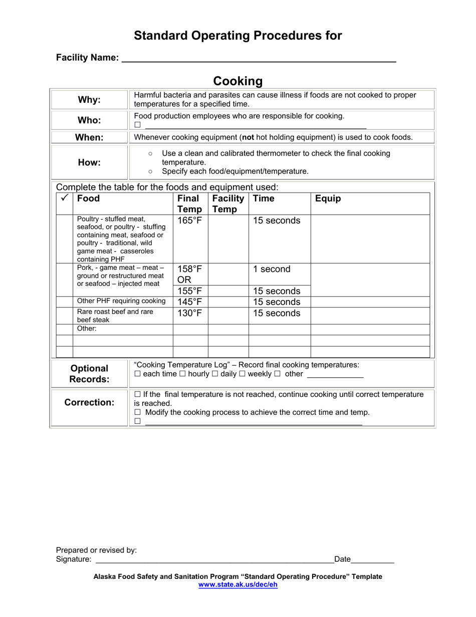 Alaska Standard Operating Procedures for Cooking - Fill Out, Sign ...