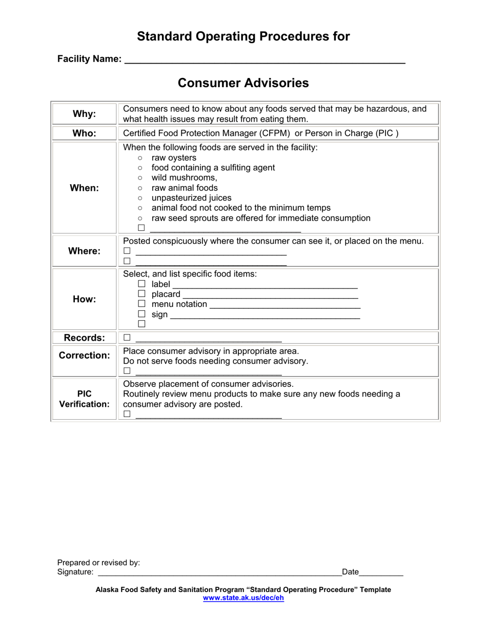Alaska Standard Operating Procedures for Consumer Advisories - Fill Out ...
